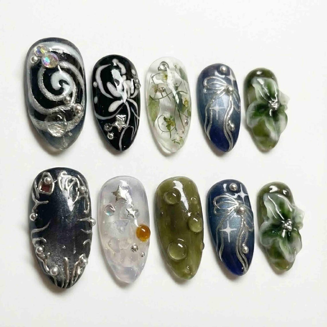 Handmade Fairy Grunge Press on Nails | 3D Flowers, Silver Bow, Dew ...
