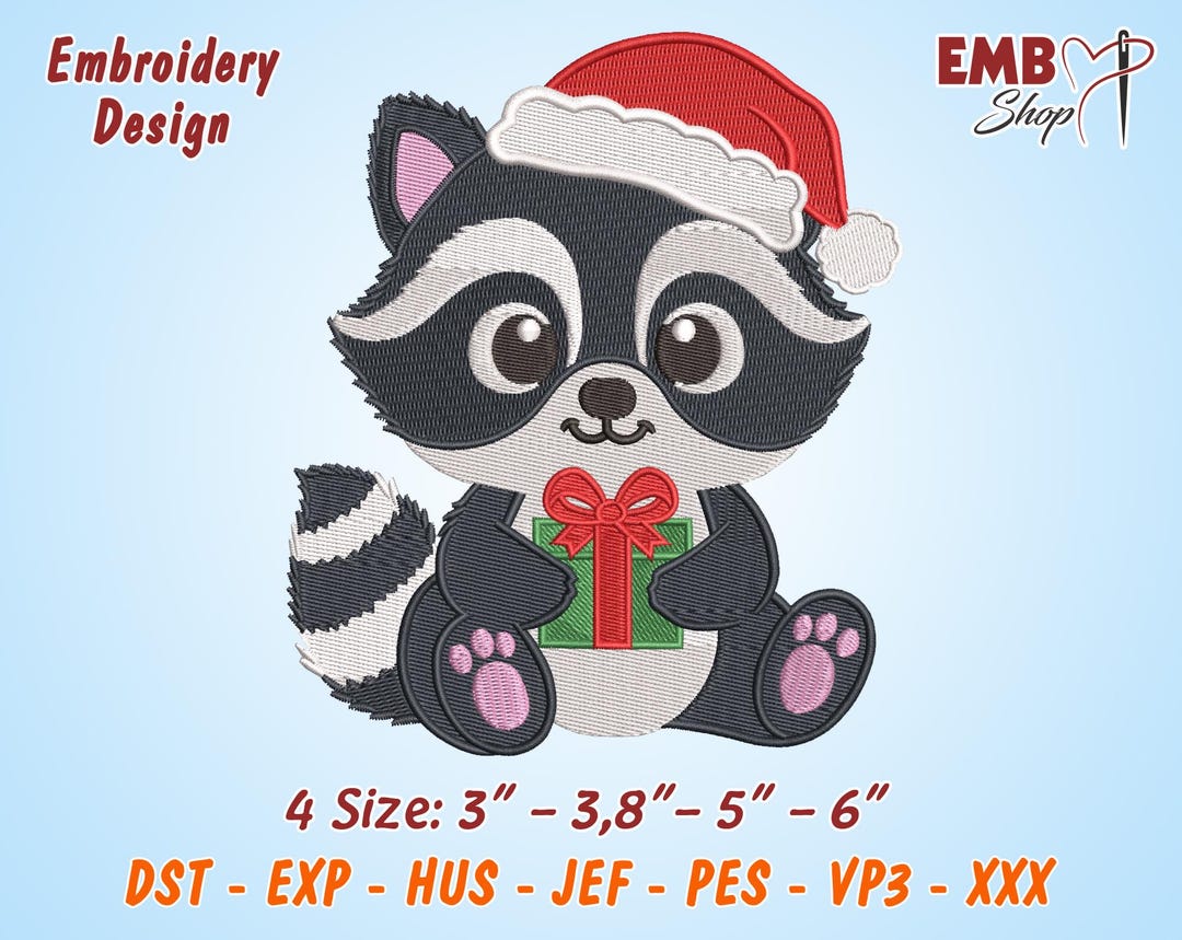 Christmas Raccoon Embroidery Design: Cartoon File (DST, PES) (digital ...