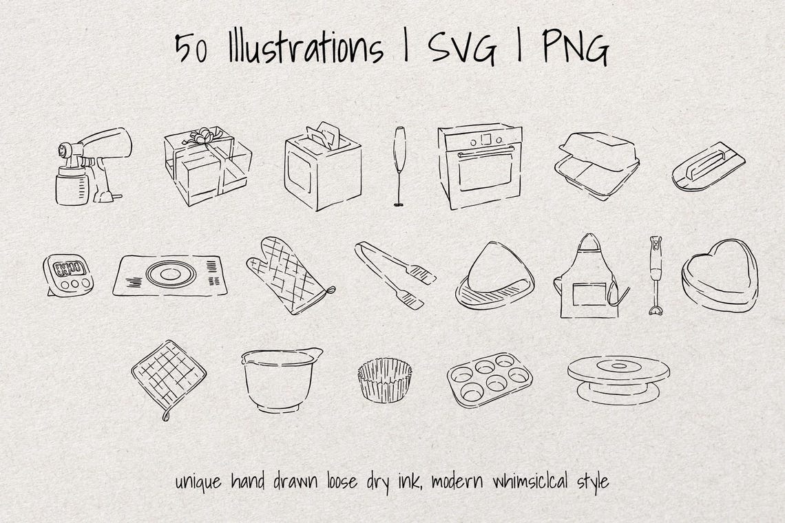 Hand-drawn Baking Clipart Bundle: Whimsical Ink Sketch (PNG, SVG Digital Download) - Etsy