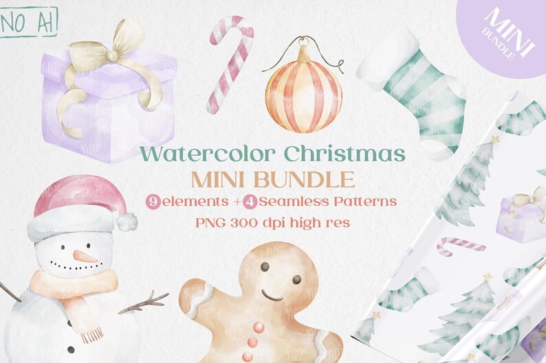Watercolor Christmas Clipart Mini Bundle: Elements & Seamless Patterns ...