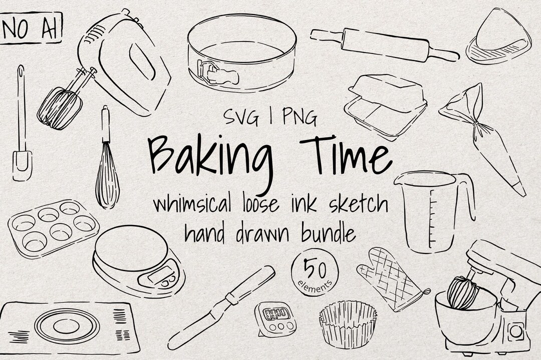 Hand-drawn Baking Clipart Bundle: Whimsical Ink Sketch (PNG, SVG ...