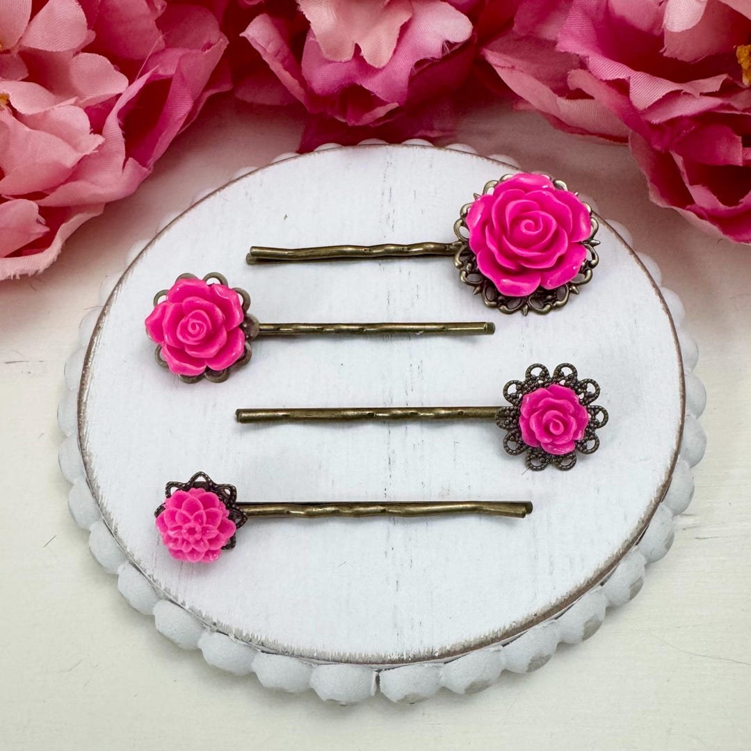 Pretty Bright Pink Rose Flower Women’s Bobby Pins Set of 4, Fuschia ...