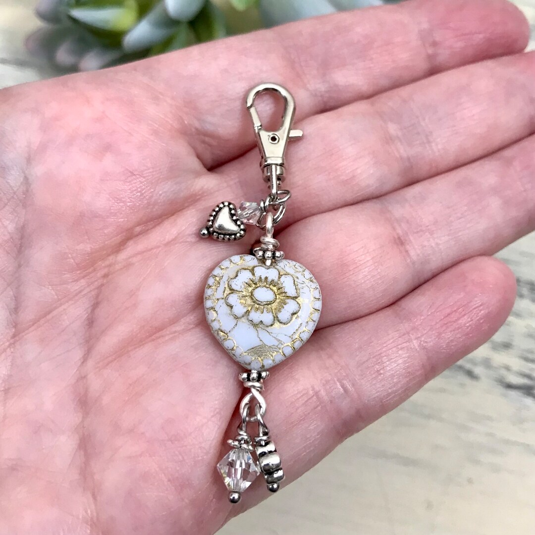 Victorian Rose White Heart Zipper Pull, Belt Bag Charm, Purse Pull, Bag ...