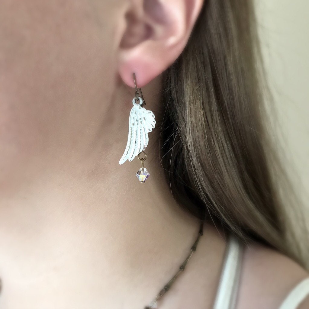 White Angel Wing Women’s Earrings, Feather Earrings, Boho Style ...