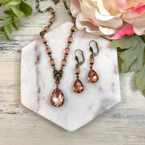 Peach Teardrop Pendant Necklace and Earring Set, Peach Sparkly Beaded ...