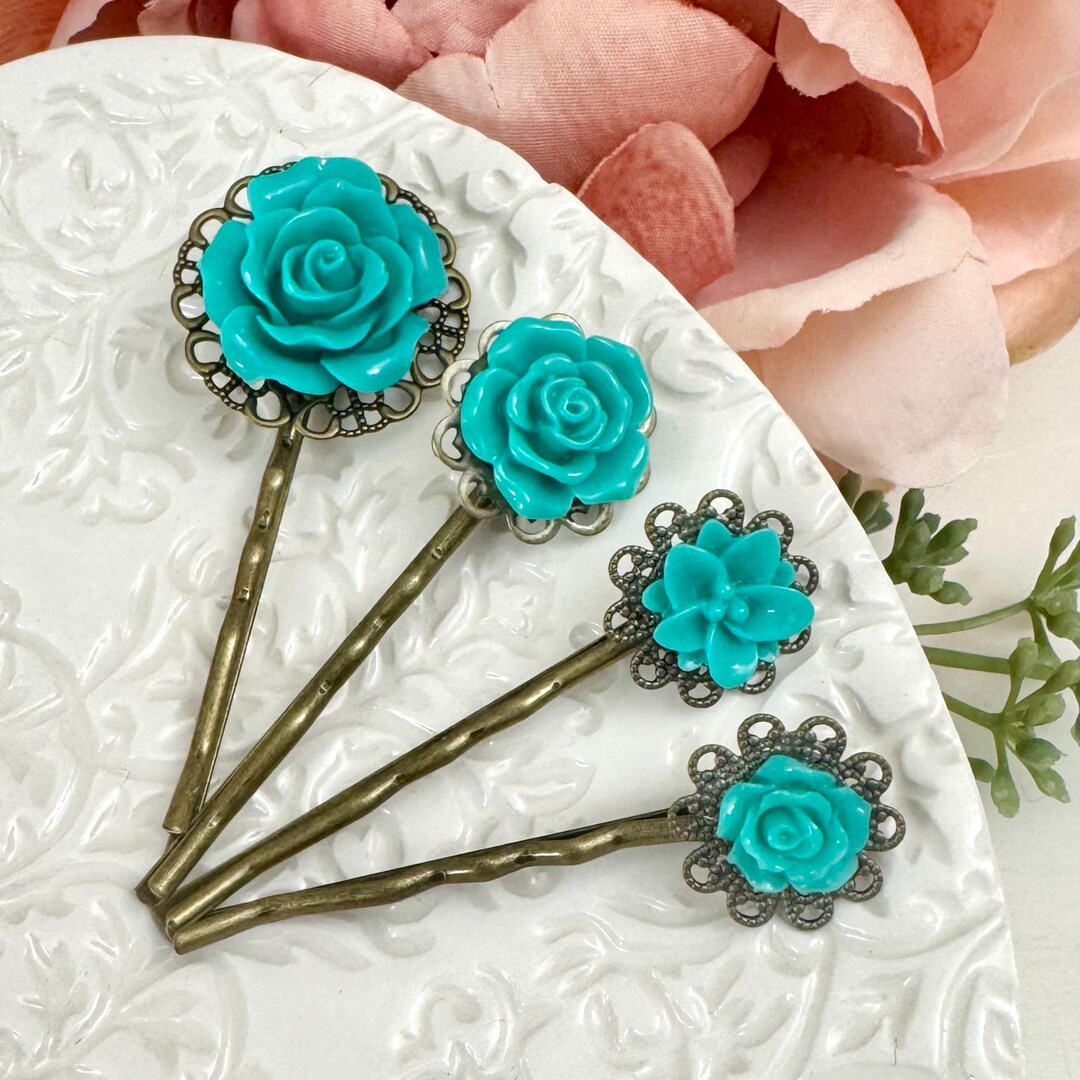Pretty Teal Floral Bobby Pins Set of 4 Women’s Hair Accessories, Blue ...