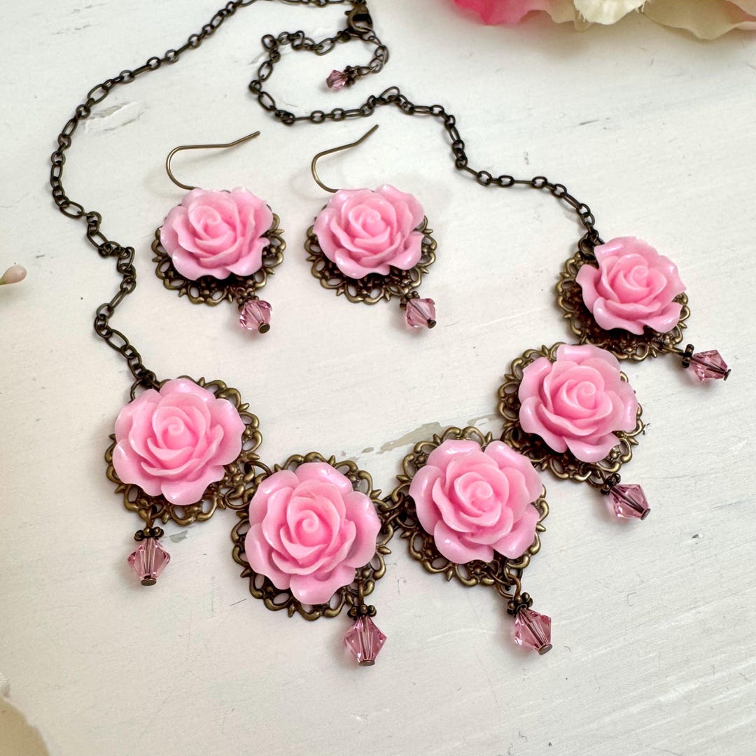Light Pink Rose Women’s Necklace and Earring Set, Botanical Jewelry ...