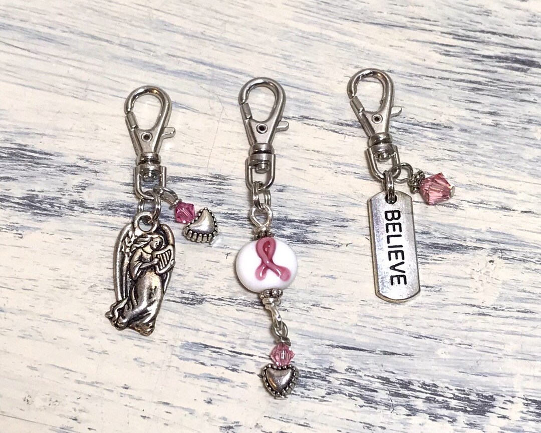 Pink Ribbon Zipper Pull Set of 3: Crystal and Metal Purse Charms, Bag ...