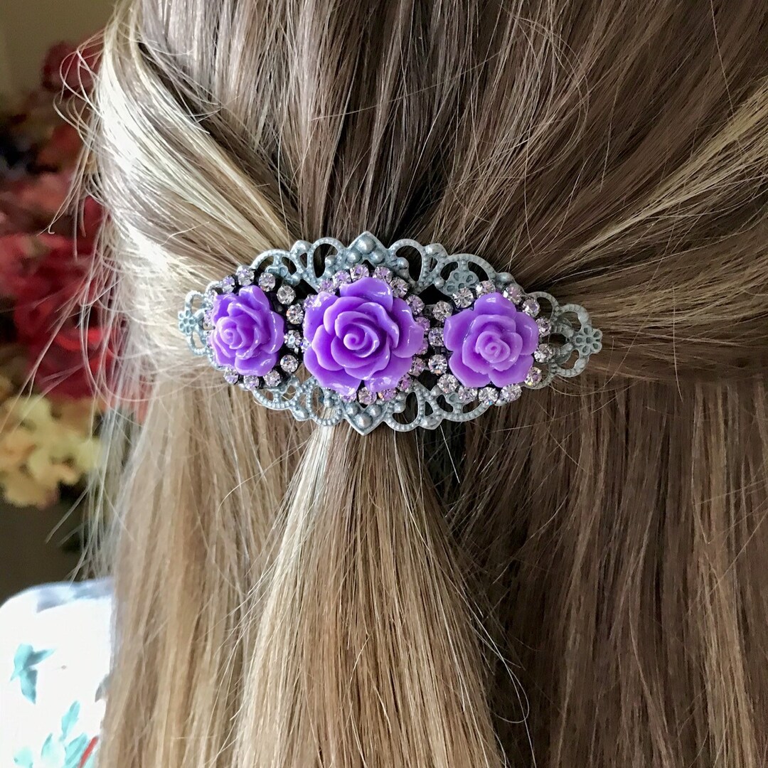 Purple Rose Large Hair Barrette With Rhinestones, French Style Barrette ...