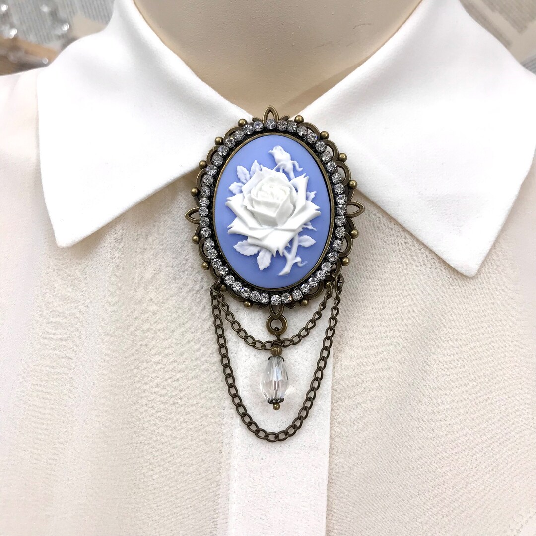 Large White Rose With Delft Blue Background Cameo Brooch, Botanical ...