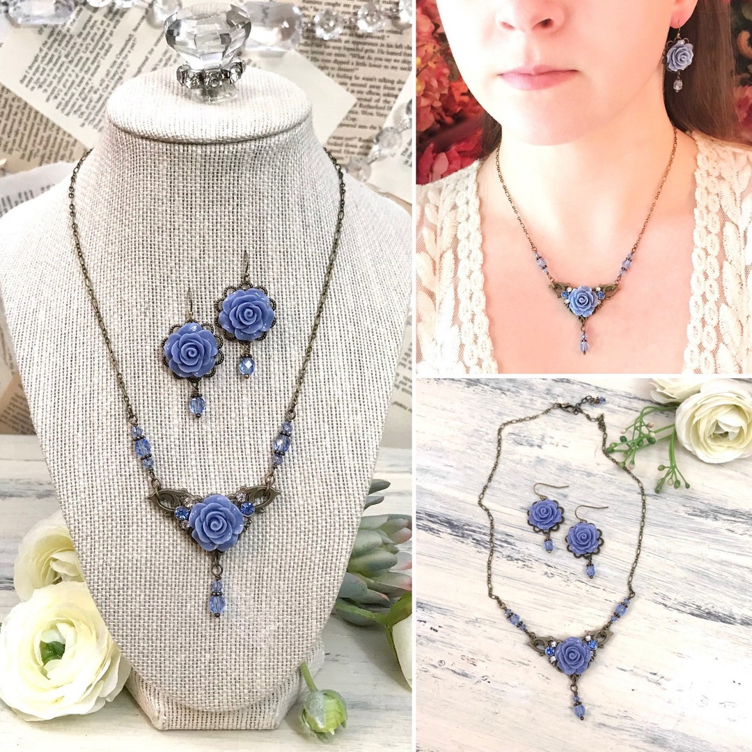 Vintage Style Denim Blue Rose Womens Necklace and Earring Set, Indigo ...
