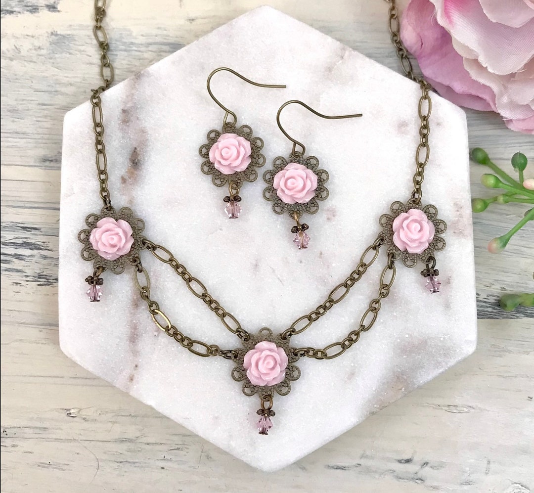 Dainty Pink Rose Womens Necklace and Earring Set, Botanical, Pink ...