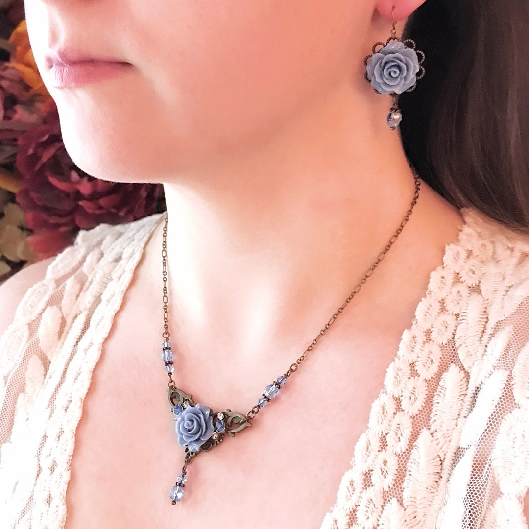 Vintage Style Denim Blue Rose Women’s Necklace and Earring Set, Indigo ...
