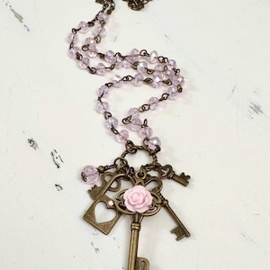 Light Pink Beaded Lock and Key Charm Long Women’s Necklace, Antiqued ...