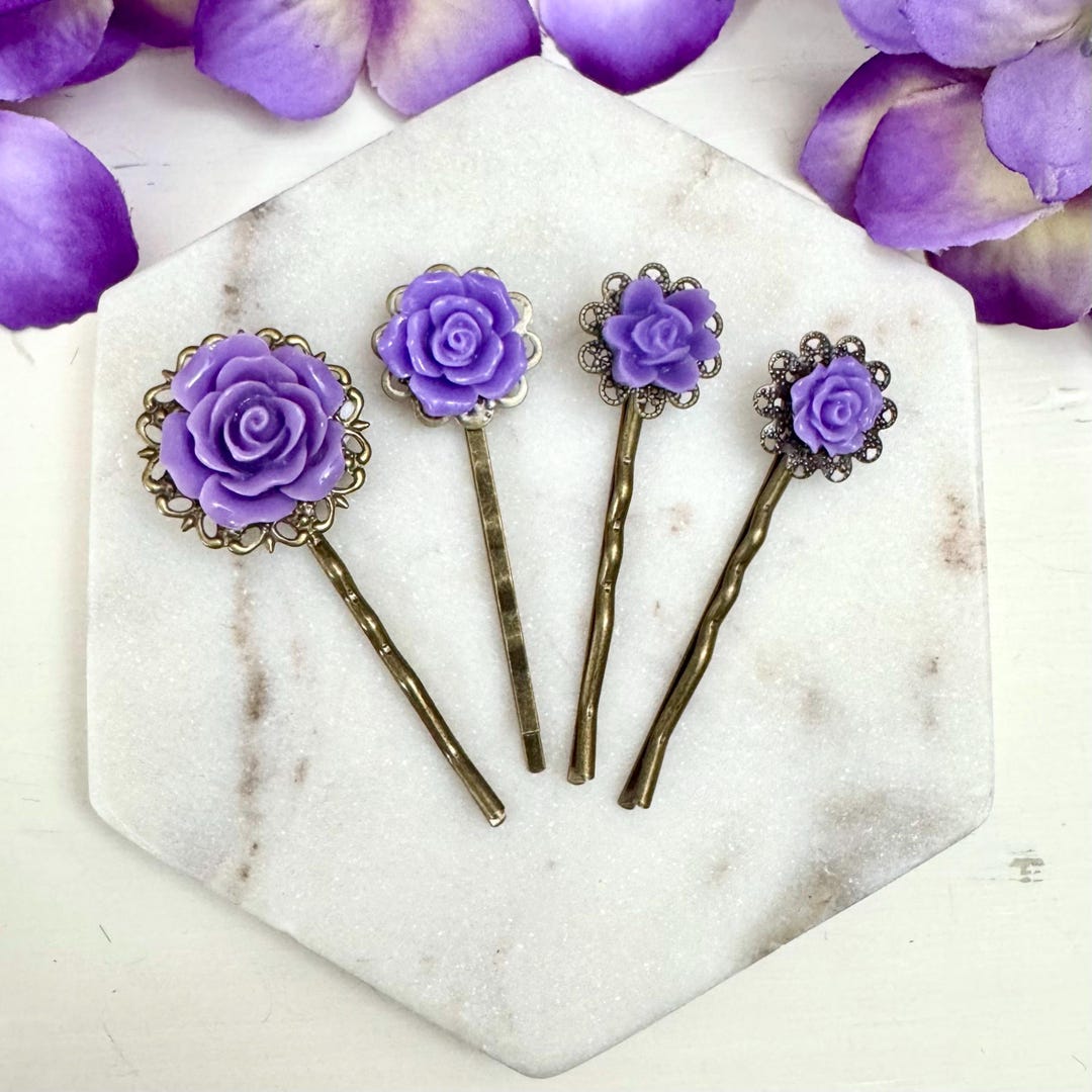 Pretty Purple Rose Flower Bobby Pins Set of 4 Women’s Hair Accessories ...