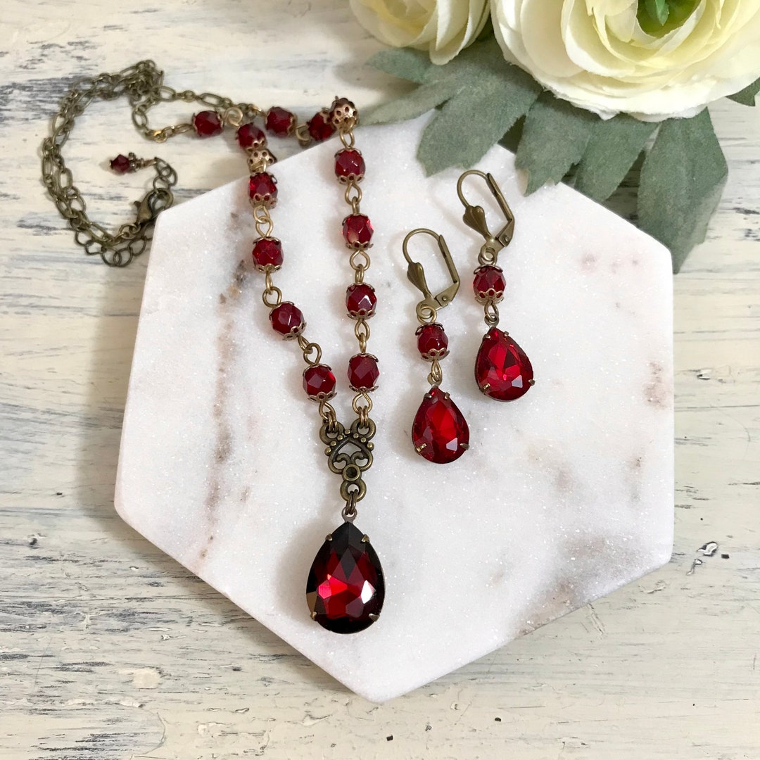 Dark Red Sparkly Teardrop Beaded Womens Necklace and Earring - Etsy