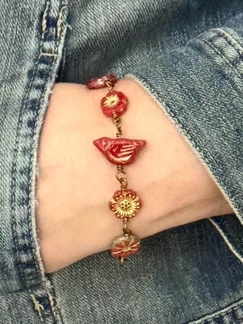 Cute Red Bird Czech Glass Women’s Beaded Bracelet, Chunky Bracelet ...