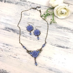 Vintage Style Denim Blue Rose Womens Necklace and Earring Set, Indigo ...
