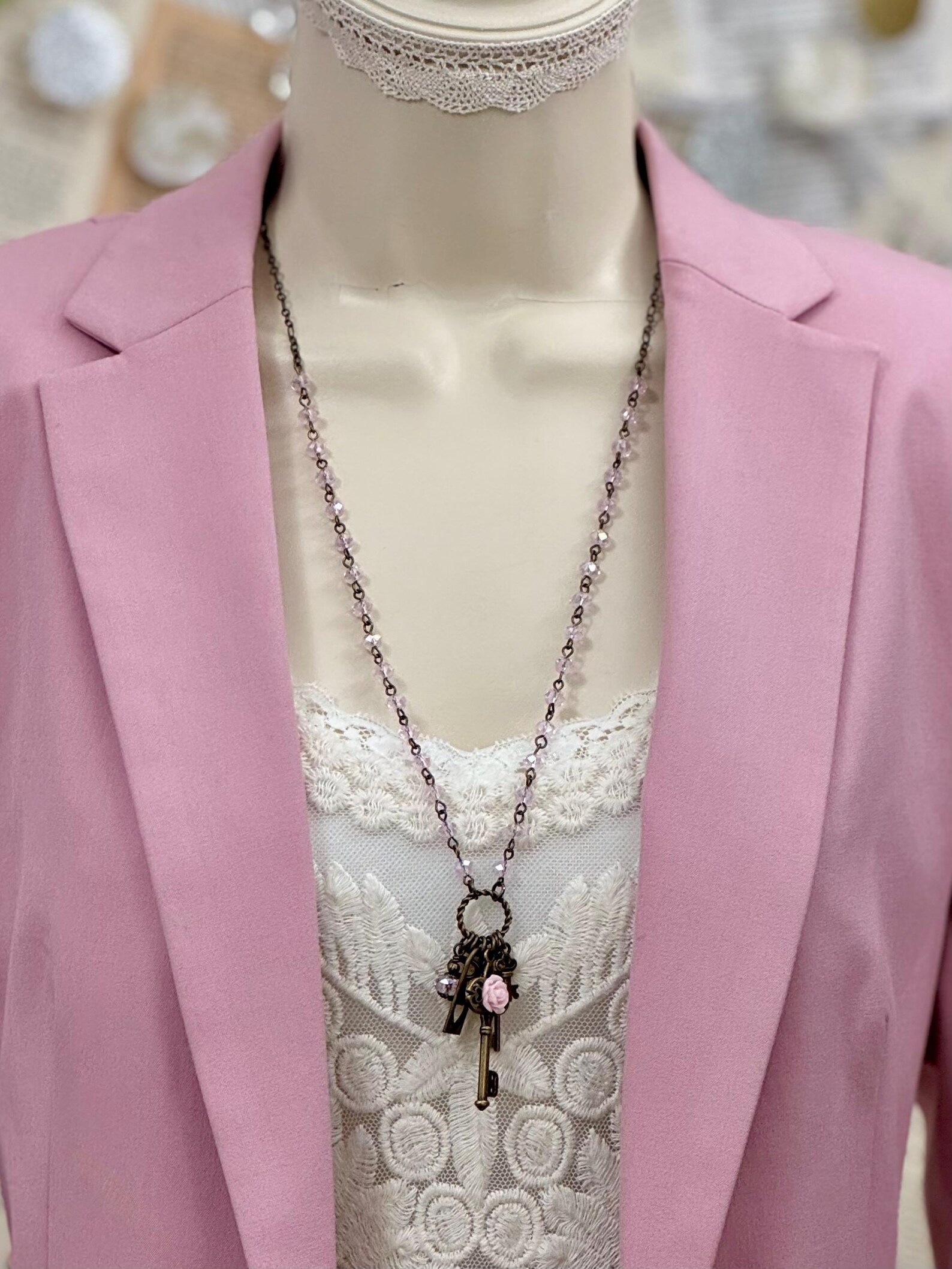 Light Pink Beaded Lock and Key Charm Long Women’s Necklace, Antiqued ...