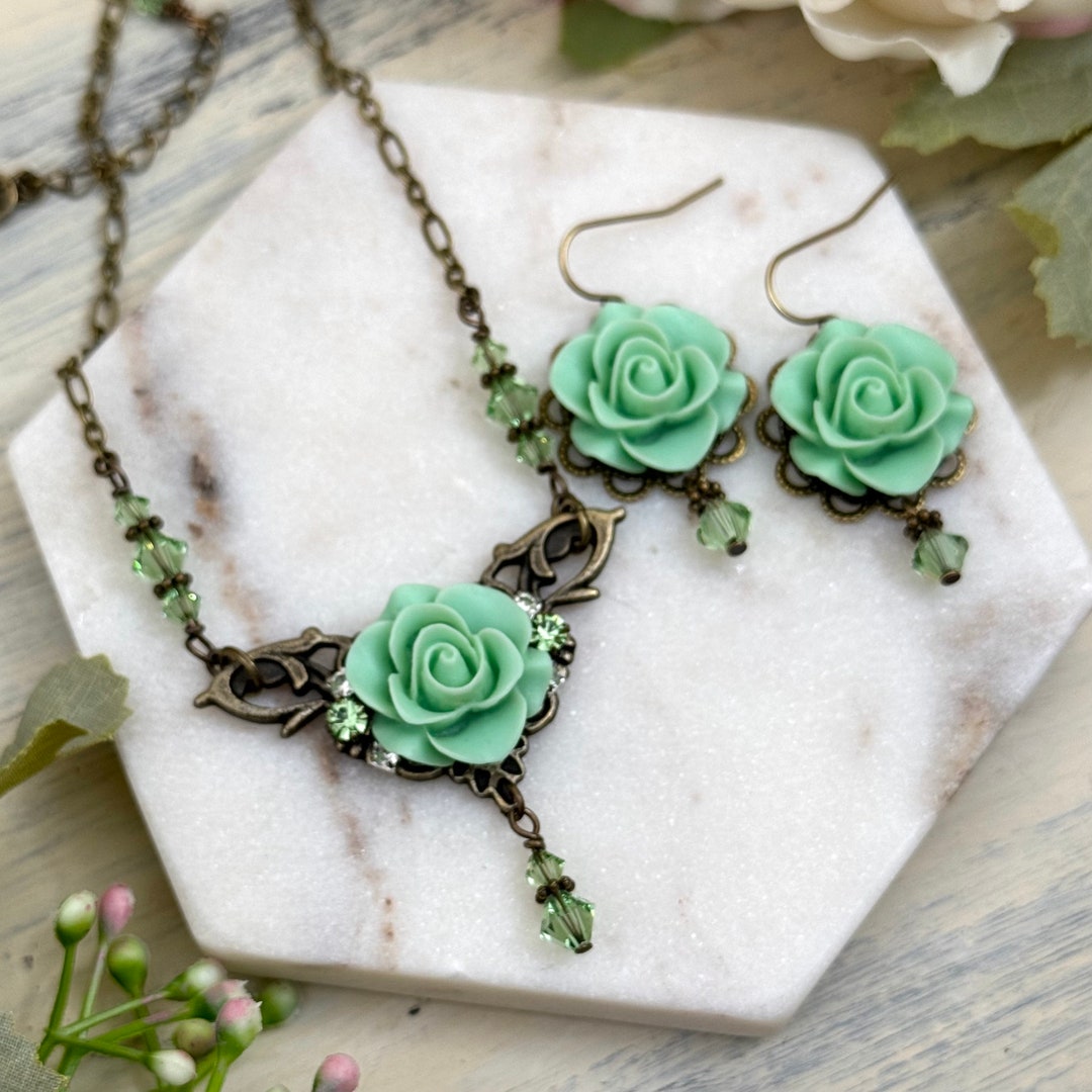Vintage Style Soft Green Rose Womens Necklace and Earring Set, Antique ...