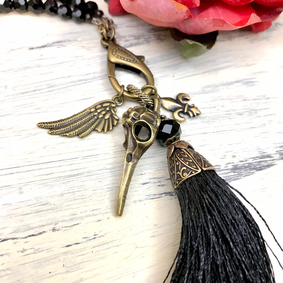 Macabre Raven Long Black Tassel Women’s Necklace, Sparkly Glass Beaded ...