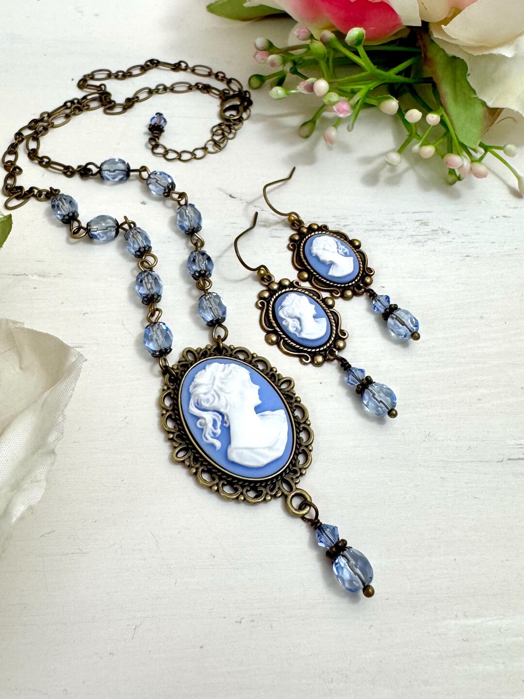 French Blue White Cameo Necklace and Earring Set, Beaded Jewelry ...