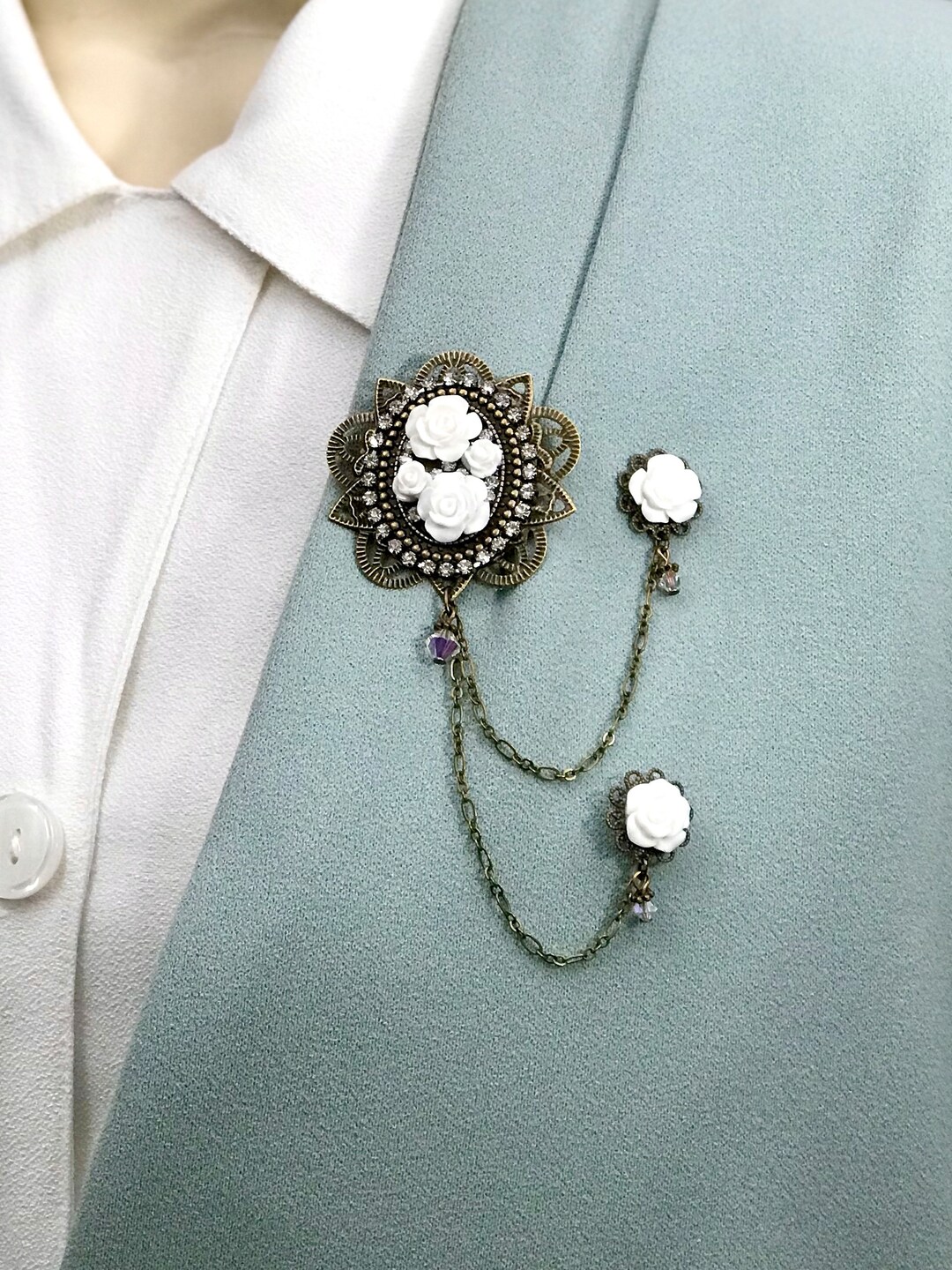 Multi Strand Brooch With White Flowers Rhinestone and Chain, Shirt ...