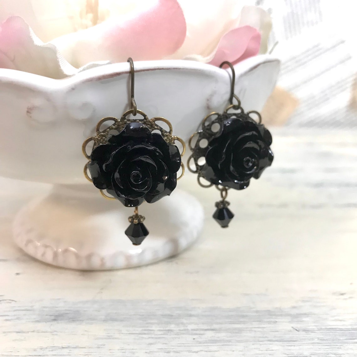 Black Rose Pierced Dangle Women’s Earrings, Vintage Style, Bohemian ...