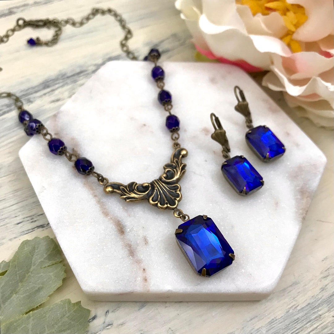 Elegant Royal Blue Womens Necklace and Earring Set, Navy Blue, Octagon ...