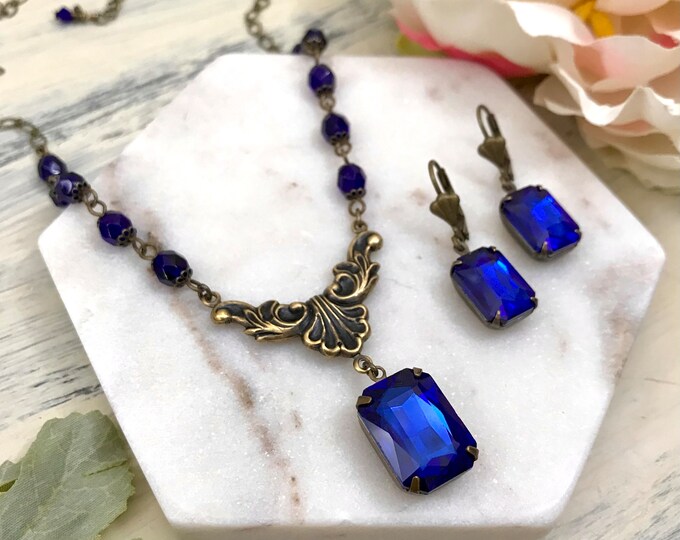 Royal Blue Necklace, Rhinestone Beads and Leaves, Royal Blue Costume ...