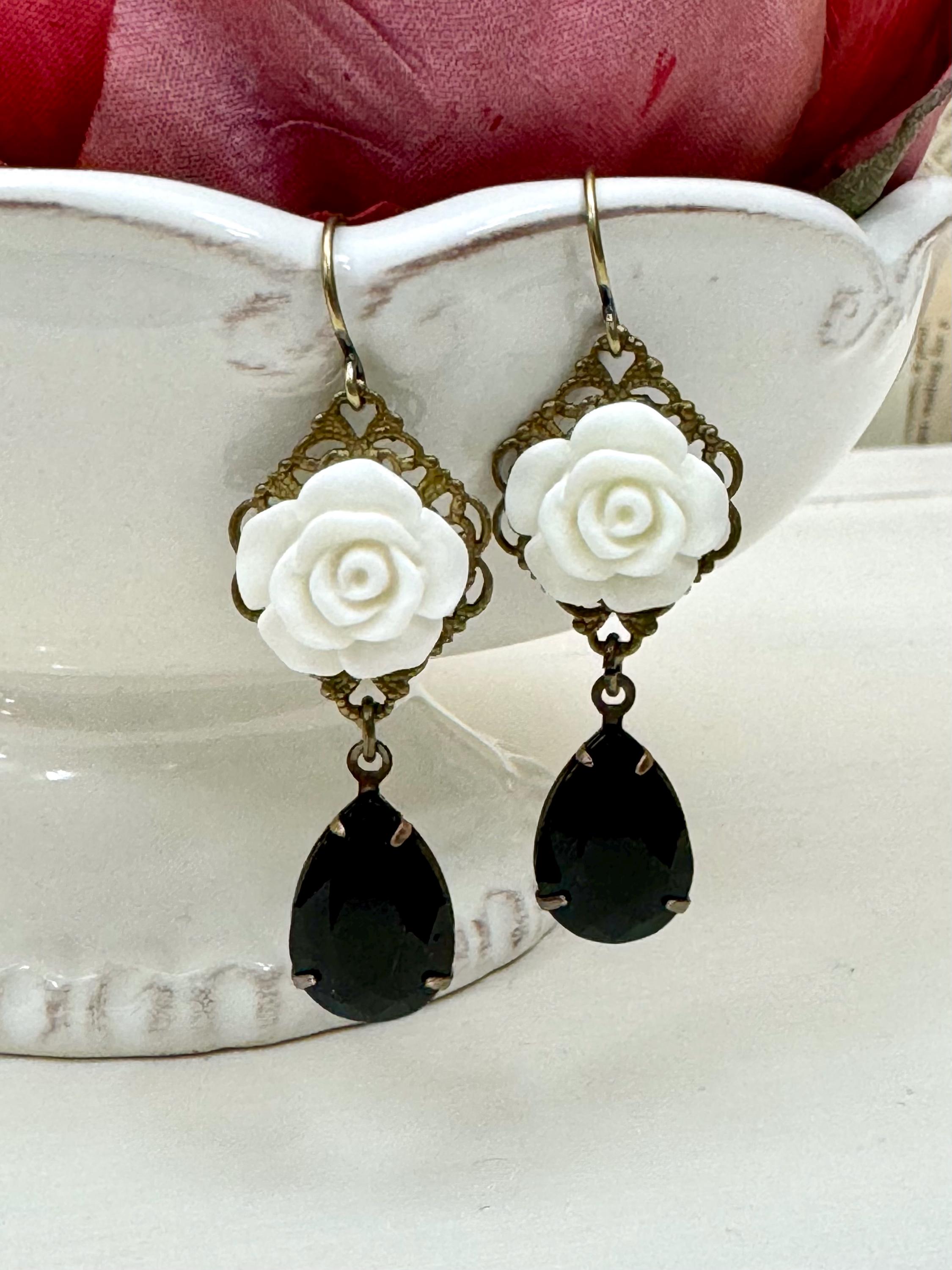 White Rose and Black Sparkly Teardrop Women’s Dangle Pierced Earrings ...