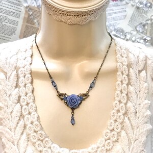 Vintage Style Denim Blue Rose Womens Necklace and Earring Set, Indigo ...
