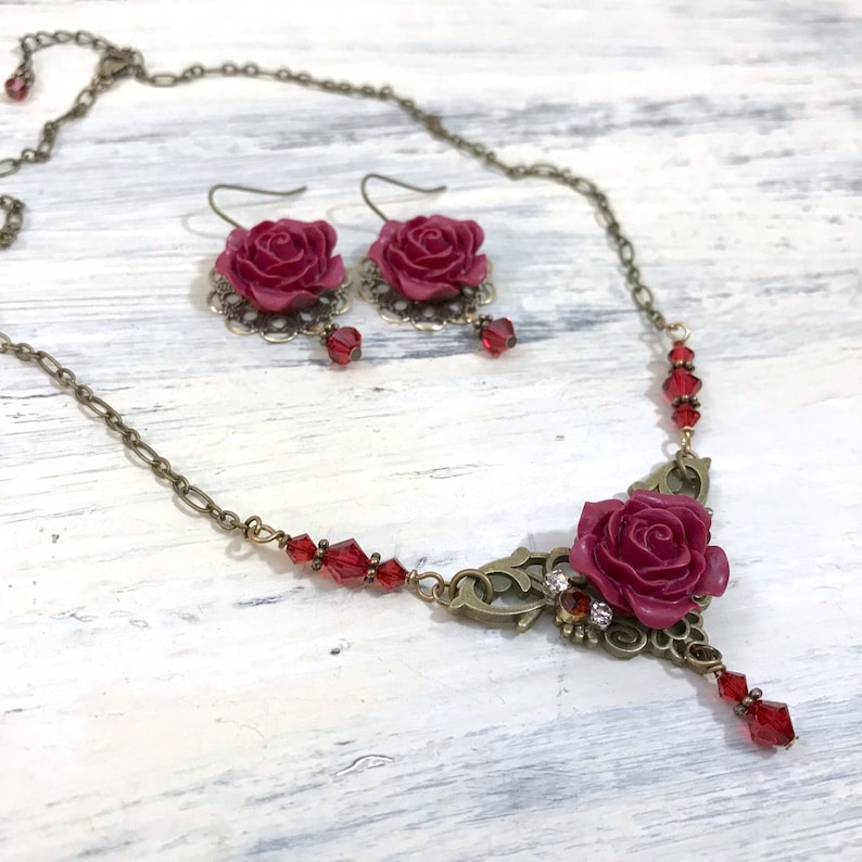 Vintage Style Dark Red Rose Womens Necklace and Earrings Set - Etsy