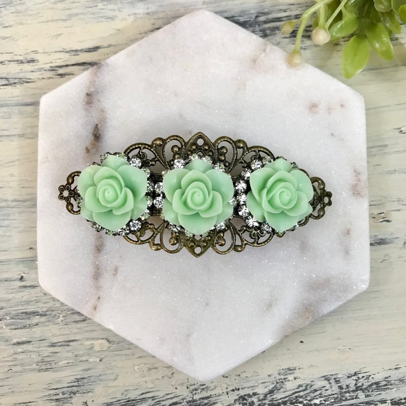 Spring Green Rose Flower Large Hair Barrette With Rhinestones, Pretty ...