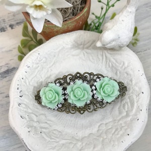 Spring Green Rose Flower Large Hair Barrette With Rhinestones, Pretty ...