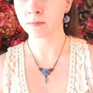 Vintage Style Denim Blue Rose Womens Necklace and Earring Set, Indigo ...