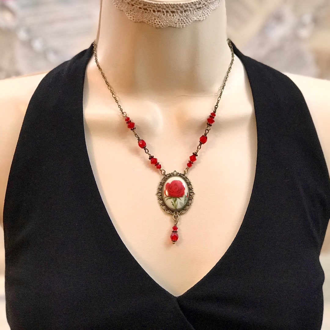 Red Rose Cameo Vintage Style Women's Necklace, Red Rose Jewelry, Red ...