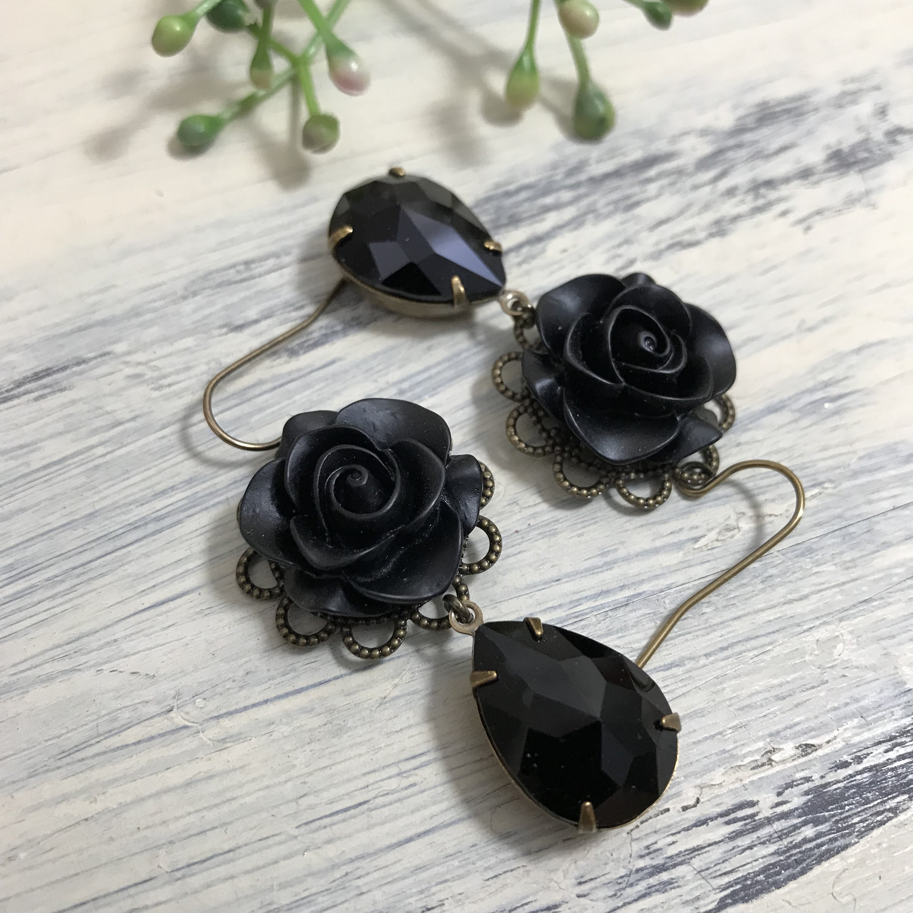 Black Rose Teardrop Women’s Dangle Pierced Earrings, Botanical, Floral ...