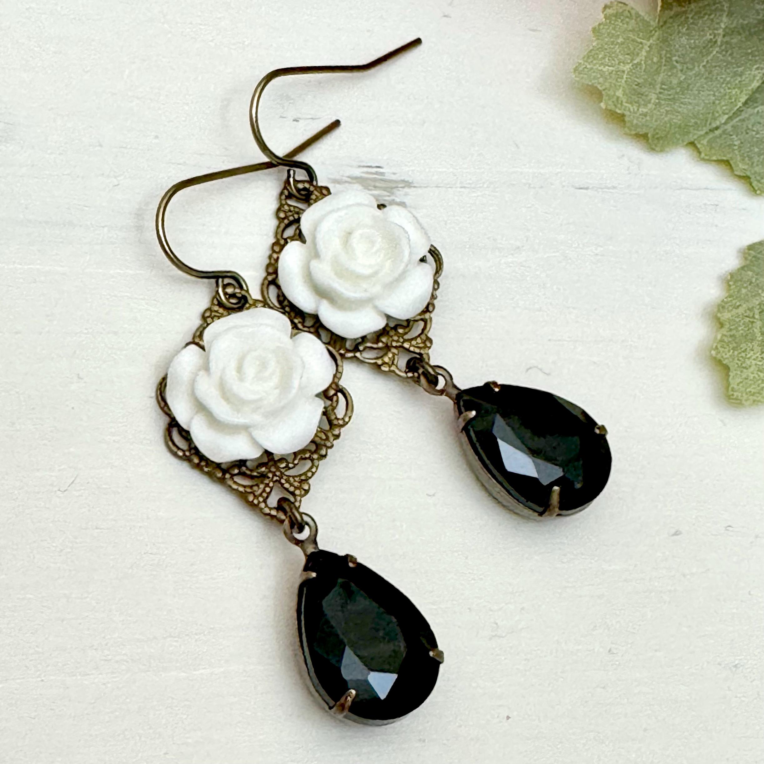 White Rose and Black Sparkly Teardrop Women’s Dangle Pierced Earrings ...