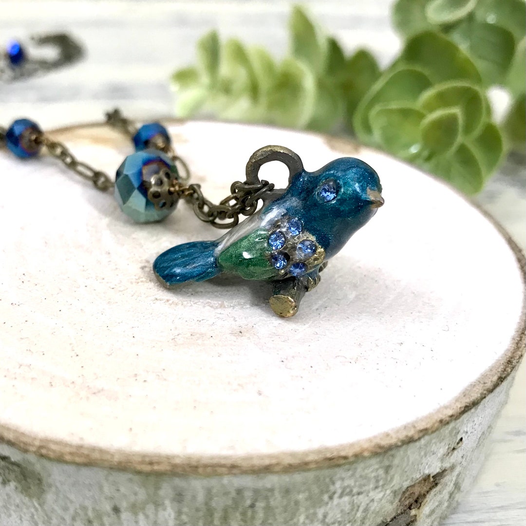 Sweet Sparkly Blue Bird Charm Necklace, Peacock Blue Color, Green ...