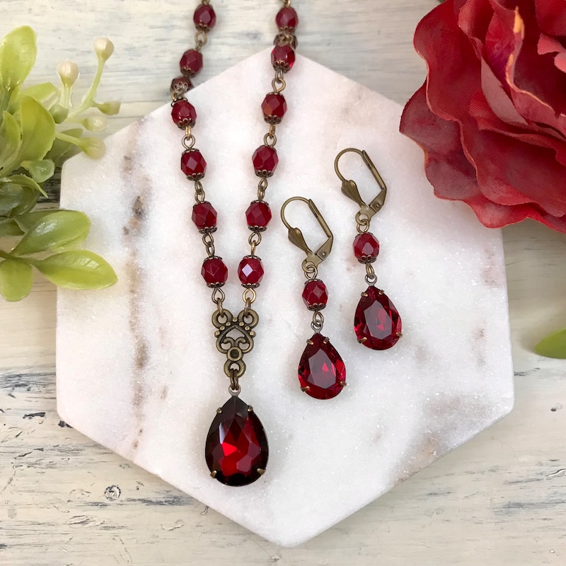 Dark Red Necklace Set - Etsy