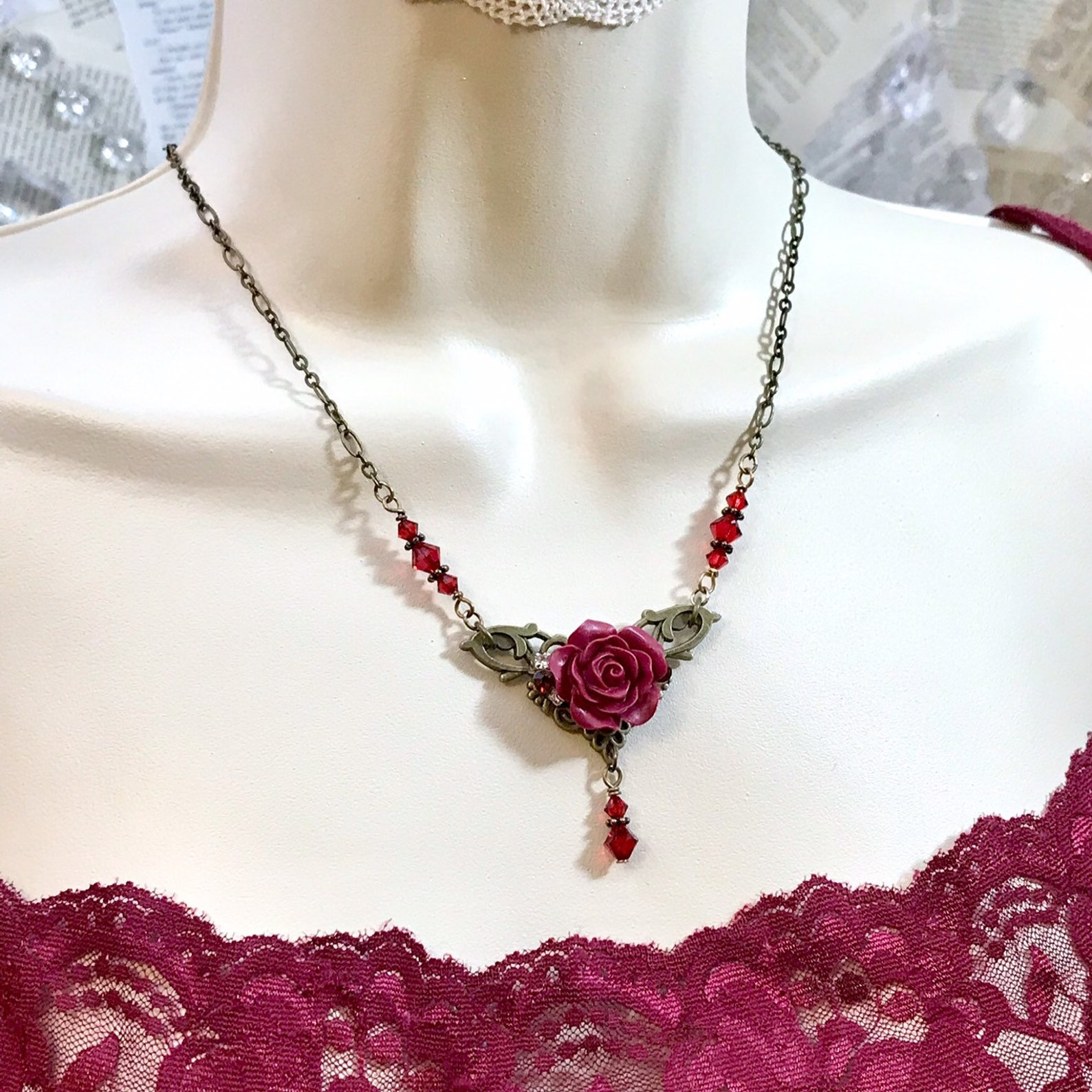 Vintage Style Dark Red Rose Womens Necklace and Earrings Set - Etsy