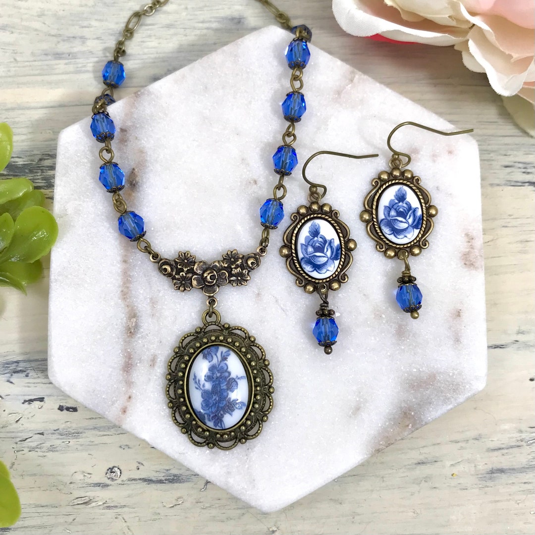 Delft Blue and White Vintage Style Women’s Cameo Necklace and Earring ...