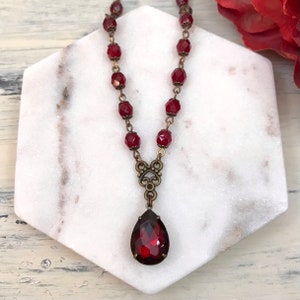 Dark Red Sparkly Teardrop Beaded Women’s Necklace Earring Set, Siam ...