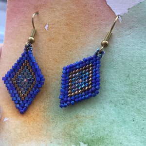 Diamond Shaped - Blue and Gold Beading Earrings - Etsy