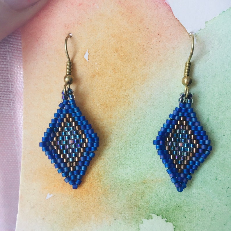 Diamond Shaped - Blue and Gold Beading Earrings - Etsy
