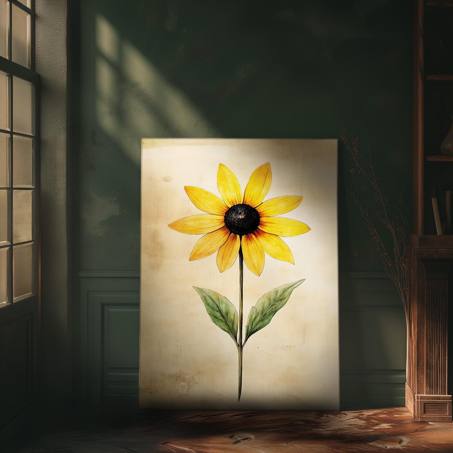 Poster Yellow Black Eyed Susan Vintage Beige Minimal, Interiors Gift ...