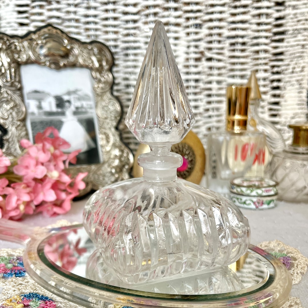 Faceted Cut Glass Perfume Bottle, Glass Dauber Top, Dresser, Vanity ...