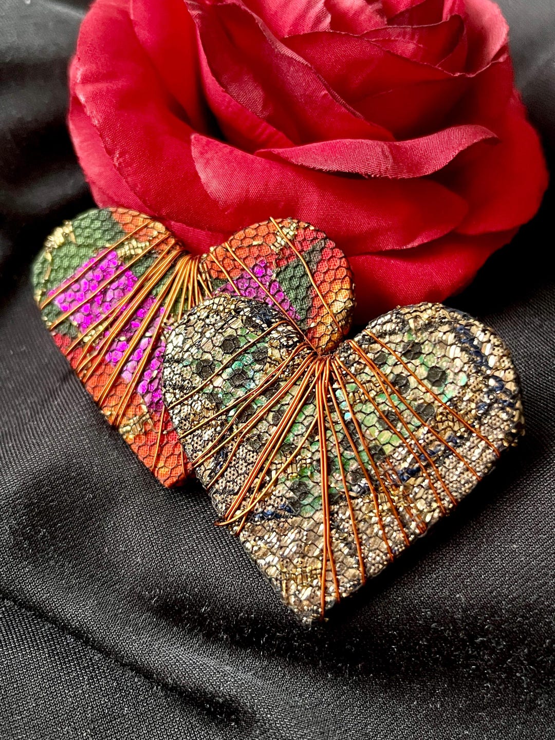 Artsy Heart Brooch, Double Hearts, Wire Wrapped Textile, OOAK Artisan ...