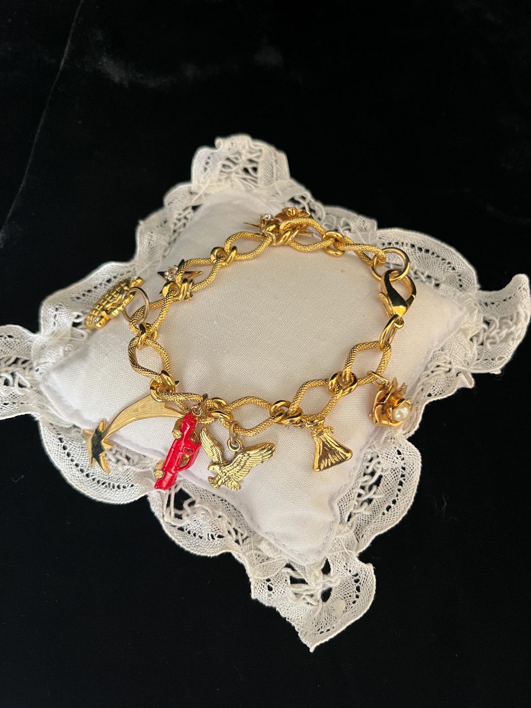 Vintage Charm Bracelet, Gold Tone Links, Bling, Stars, Faux Pearls ...